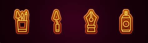 세트 라인 필통 문구류 팔레트 나이프 만년필 펜촉 및 페인트 스프레이 캔 빛나는 네온 아이콘입니다 벡터 눈금자에 대한 스톡 벡터 아트 및 기타 이미지 Istock