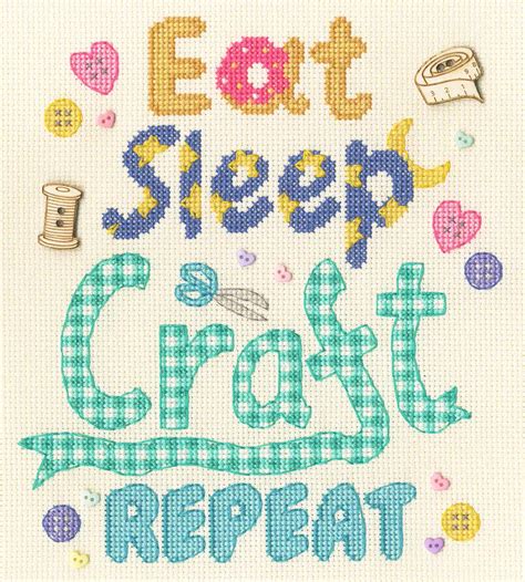 Bothy Threads Xbd19 Eat Sleep Craft Repeat Cross Stitch Kit Jks