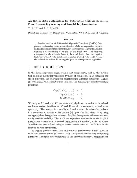 Pdf A Parallel Extrapolation Algorithms For Daes From Process Engineering