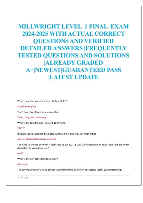 Millwright Level 1 Final Exam With Actual Correct Questions And Verified Detailed Answers