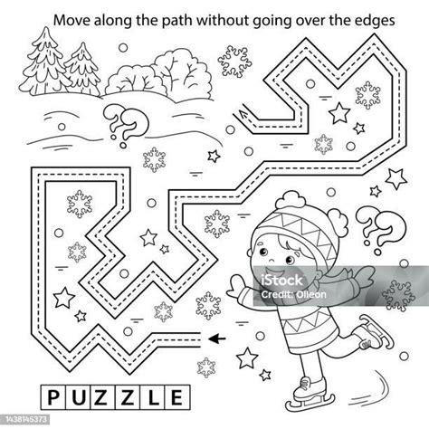 필기 연습 시트 간단한 교육 게임 또는 미로 만화 소녀 스케이트의 색칠 페이지 개요 겨울 스포츠 아이들을위한 색칠하기 책 겨울에 대한 스톡 벡터 아트 및 기타 이미지