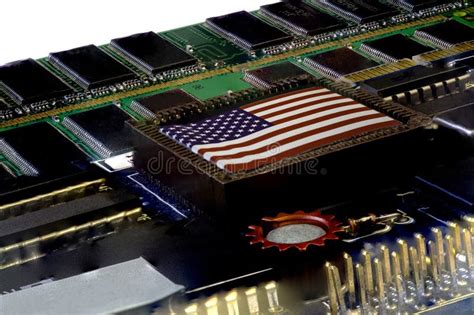 Flag Of Usa On A Processor Concept For The Battle Of Global Microchips Production Between China