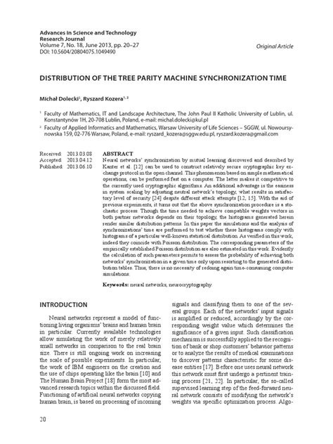 Distribution Of The Tree Parity Machine Synchronization Time Pdf