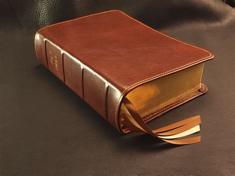 Interleaved Bible Dark Cognac Cowhide Leather Brown Stitching 4