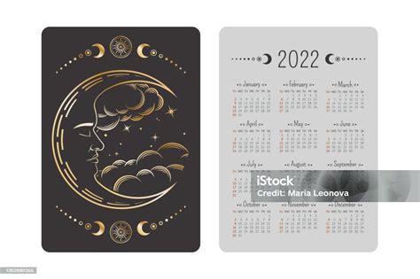벡터 타로 포켓 년 2022 달력은 수면 얼굴 별과 구름마법의 화려한 황금 선형 초승달 보헤미안 한 윤곽 그림과 양면 카드 템플릿 2022년에 대한 스톡 벡터 아트 및 기타