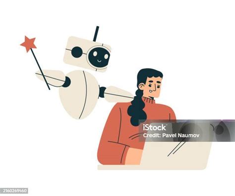 인공 지능 와 여자 캐릭터 에 휴대용 퍼스널 컴퓨터 와 봇 벡터 일러스트 개발에 대한 스톡 벡터 아트 및 기타 이미지 개발 기계류 노트북 Istock