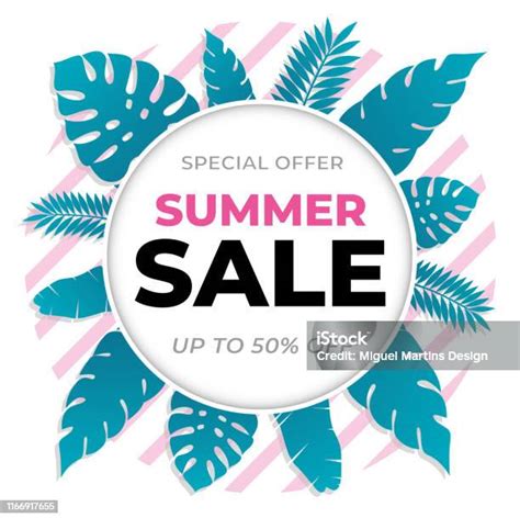 열대 잎과 텍스트 여름 판매다채로운 배너 디자인 템플릿 벡터 종이 컷 포스터입니다 흰색 둥근 프레임입니다 0명에 대한 스톡 벡터