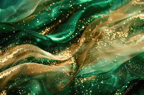 Golden Fabric Waves With Glittering Particles On Emerald Background Creating Luxurious Textile