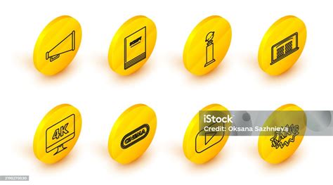 세트 라인 뱅 붐 텍스트 말풍선 풍선 4k 비디오 기술이 적용된 컴퓨터 Pc 모니터 온라인 영화 티켓 구매 트로피 골든 글로브 시나리오 및 메가폰 아이콘 벡터 3차원 형태에