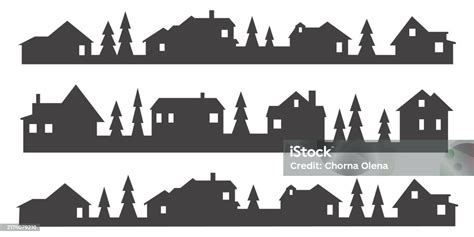 스카이라인에 있는 마을과 마을 주택 흰색 배경에 있는 이웃에 있는 작은 건물의 실루엣입니다 크리스마스 시골 간단한 그림입니다 밤에는 나무가 있는 겨울 시골 풍경입니다 벡터