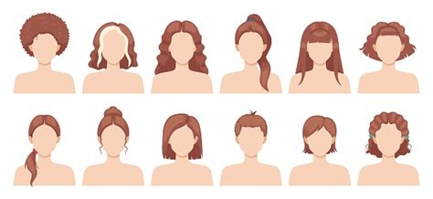 여자 헤어스타일 여성 이발 트렌디한 길고 짧은 느슨한 머리 갈색 머리 소녀 머리 곱슬머리 웨이브 스트레이트 헤어 유형 글래머 꼬리와 뭉치 미용실 최근 벡터 세트 땋은 머리에