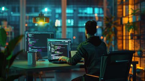 Premium Photo A Young Male Software Engineer Sits At His Desk In A