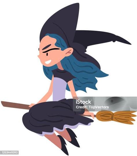 여자 마녀 와 빗자루 귀여운 할로윈 만화 캐릭터 벡터 일러스트 10월에 대한 스톡 벡터 아트 및 기타 이미지 10월 귀여운 날기 Istock