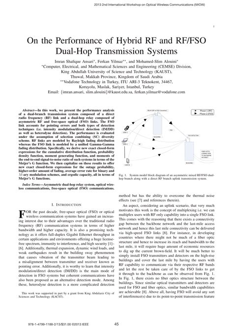 Pdf On The Performance Of Hybrid Rf And Rffso Dual Hop Transmission Systems