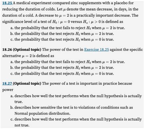 Solved 1825 A Medical Experiment Compared Zinc Supplements