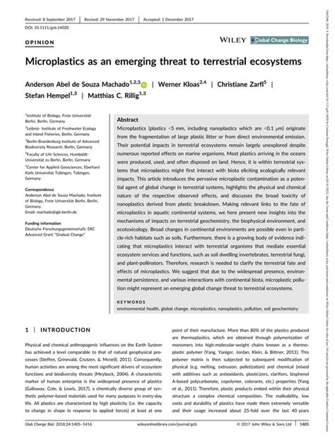 Microplastics As An Emerging Threat To Terrestrial Ecosystems Pdf