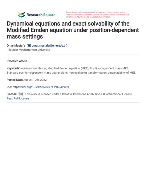 Pdf Dynamical Equations And Exact Solvability Of The Modified Emden Equation Under Position