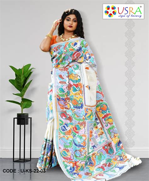 White Kantha Stitch Saree Usra