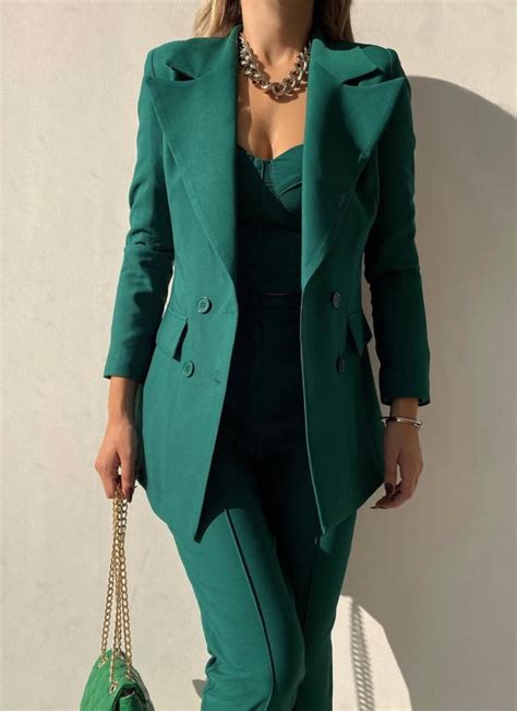 Emerald Green 3 Piece Womens Suit Blazer Bustier And Pants Elegant