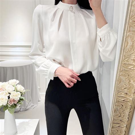 더모플 주문폭주 긴팔 진주 단추 반목 루즈핏 셔링 블라우스 하객룩 오피스룩 아나운서룩 정장