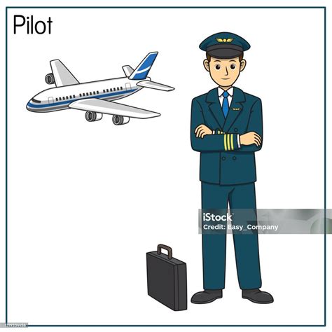흰색 배경에서 격리된 파일럿의 벡터 그림입니다 직업과 직업 개념 만화 캐릭터 교육 및 학교 아이 색칠 페이지 인쇄 가능 활동 워크 시트 플래시 카드 파일럿에 대한 스톡 벡터