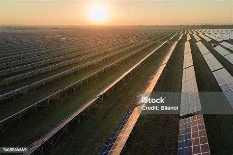 일몰 시 청정 전기 에너지를 생산하기 위한 많은 태양광 전광 패널이 있는 대규모 지속 가능한 전력 발전소의 공중 보기 제로 배출 개념을 가진 재생 가능 전기 0명에 대한