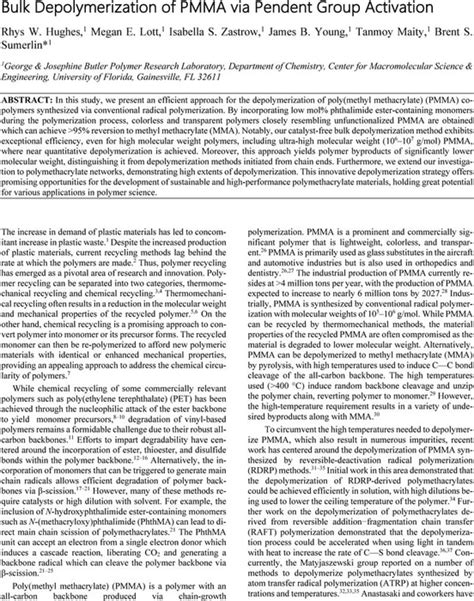 Bulk Depolymerization Of Pmma Via Pendent Group Activation Polymer Science Chemrxiv