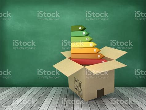 나무 바닥에 에너지 효율 다이어그램 판지 상자 칠판 배경 3d 렌더링 3차원 형태에 대한 스톡 사진 및 기타 이미지 3차원