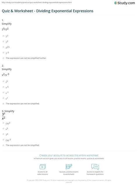 Quiz And Worksheet Dividing Exponential Expressions