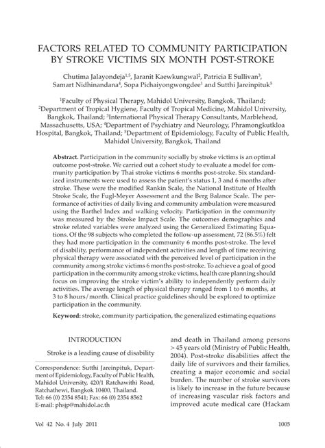 Pdf Factors Related To Community Participation By Stroke Victims Six Month Post Stroke