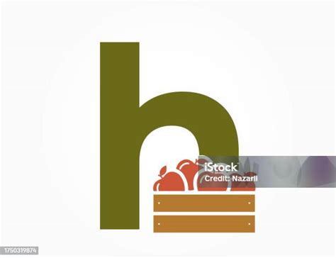 소문자 H와 사과 상자 과일과 유기농 식품 알파벳 로고 기호입니다 수확 및 원예 디자인 0명에 대한 스톡 벡터 아트 및 기타