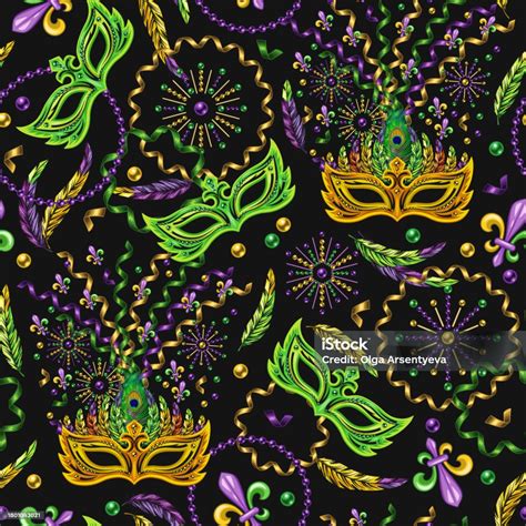 가장 무도회 마스크 깃털 파티 깃발 색종이 조각 깃털을 날리는 카니발 마디 그라 패턴 Fleur De Lis 파티 깃발 리본이 있는 축제 휴일 일러스트레이션 빈티지 스타일