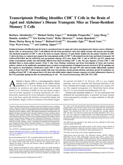 Pdf Transcriptomic Profiling Identifies Cd8 T Cells In The Brain Of
