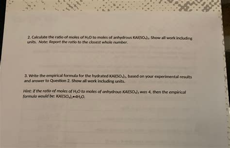 solved 2 calculate the ratio of moles of h2o to moles of
