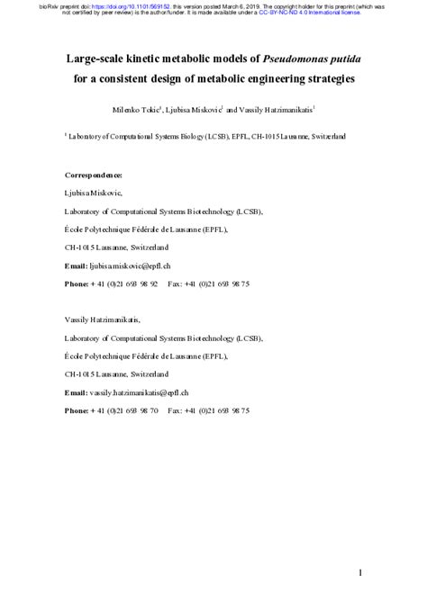 Pdf Large Scale Kinetic Metabolic Models Of Pseudomonas Putida For A Consistent Design Of