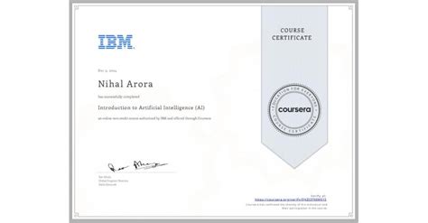 Completion Certificate For Introduction To Artificial Intelligence Ai Ca Nihal Arora