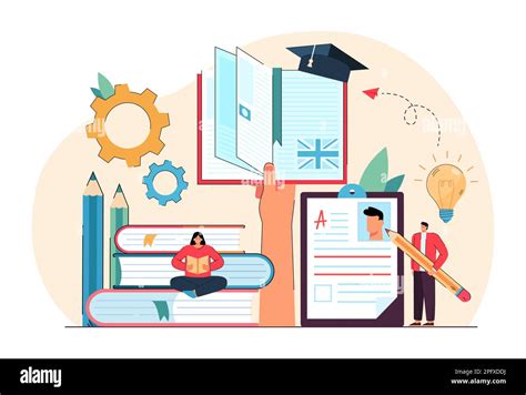 Tiny People With Pile Of Books And Pen Flat Vector Illustration Stock Vector Image And Art Alamy