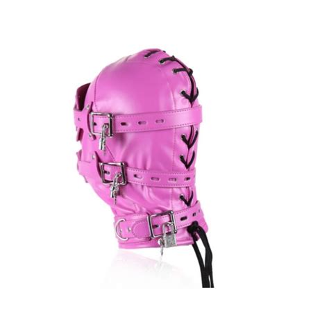 Pink Color Bondage Hood Bdsm Leather Muzzle Mask Gimp With Detachable