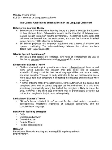 The Current Applications Of Behaviorism In The Language Classroom 1 Pdf