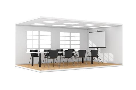 흰색 바탕에 대형 창문 프로젝션 스크린 테이블 의자 및 나무 쪽모이 세공 마루 바닥이 있는 비즈니스 회의실 내부 3d