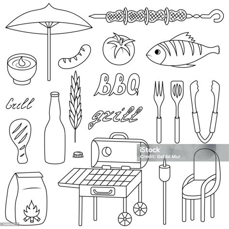 바베큐 아이템 스케치 피크닉 휴식 벡터 일러스트 레이 션 컬렉션 야외 레크리에이션을위한 것들 숯 바베큐 그릴 생선 마시멜로 우산 격자 파이에 대한 스톡 벡터 아트 및 기타