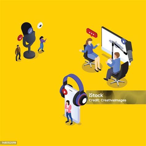 오디오 팟캐스트 3d 아이소메트릭을 듣고 녹음하는 사람들 팟캐스팅에 대한 스톡 벡터 아트 및 기타 이미지 팟캐스팅 등측투영법 라디오 디제이 Istock