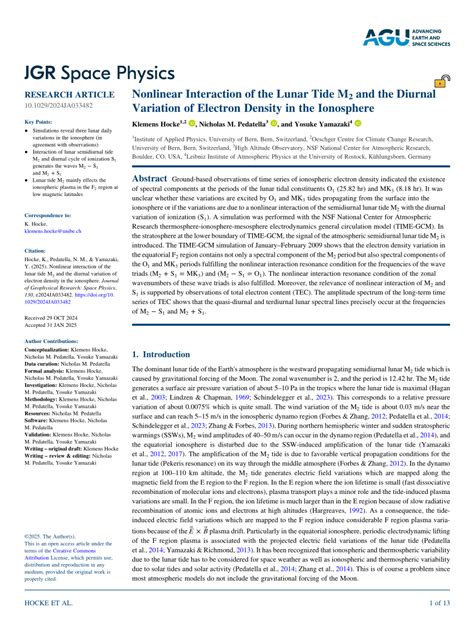 Pdf Nonlinear Interaction Of The Lunar Tide M2 And The Diurnal Variation Of Electron Density