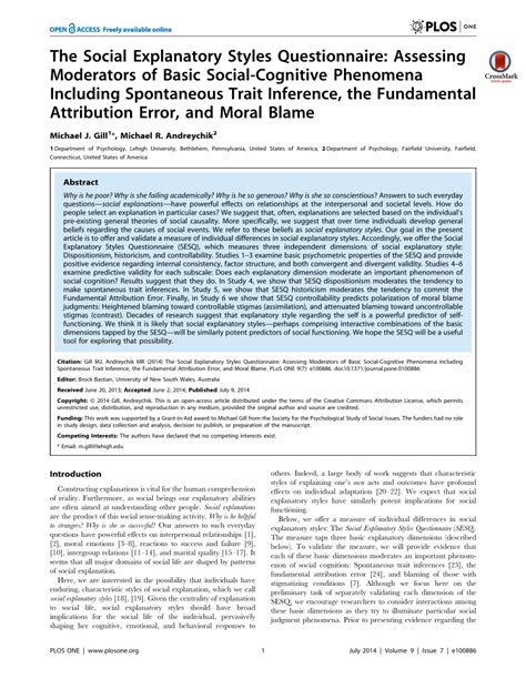 Pdf The Social Explanatory Styles Questionnaire Assessing Moderators Of Basic Social