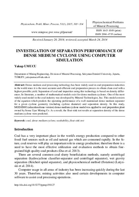 Pdf Investigation Of Separation Performance Of Dense Medium Cyclone Using Computer Simulation