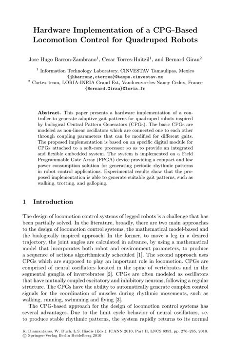 PDF Hardware Implementation Of A CPG Based Locomotion Control For Quadruped Robots
