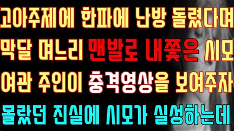 사이다 사연 고아 주제에 한파에 난방 돌렸다며 막달 며느리 맨발로 내쫓은 시모 여관 주인이 충격 영상을 보여주자 몰랐던 진실에 시모가 실성하는데신청사연사연낭독썰