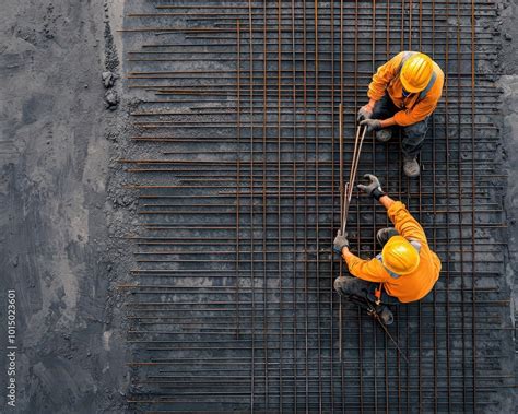 Construction Team Laying Rebar Framework For Concrete Slab Foundation