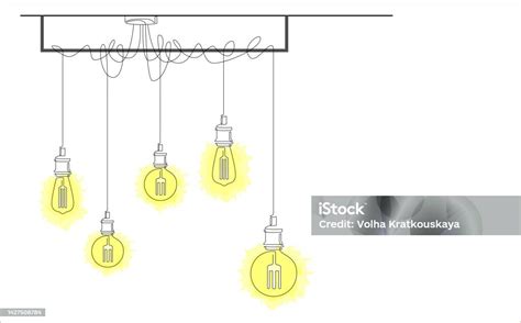 에디슨 전구가있는 펜던트 램프가있는 현대적인 로프트 스타일의 샹들리에의 한 줄 그리기 낙서 스타일로 빛나는 전구의 연속 선 그리기 텍스트에 대한 장소가 있는 가로 벡터