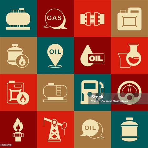 프로판 가스 탱크 모터 게이지 오일 휘발유 시험관 금속 파이프 및 밸브 연료 보충 위치 저장 및 낙하 아이콘을 설정합니다 벡터 0명에 대한 스톡 벡터 아트 및 기타 이미지